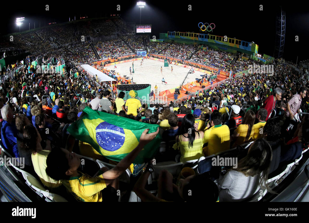 Brazilian fans show their support in the stands at the Beach Volleyball ...