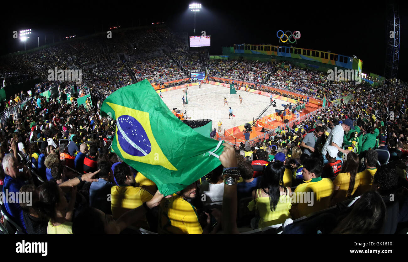 Brazilian fans show their support in the stands at the Beach Volleyball ...