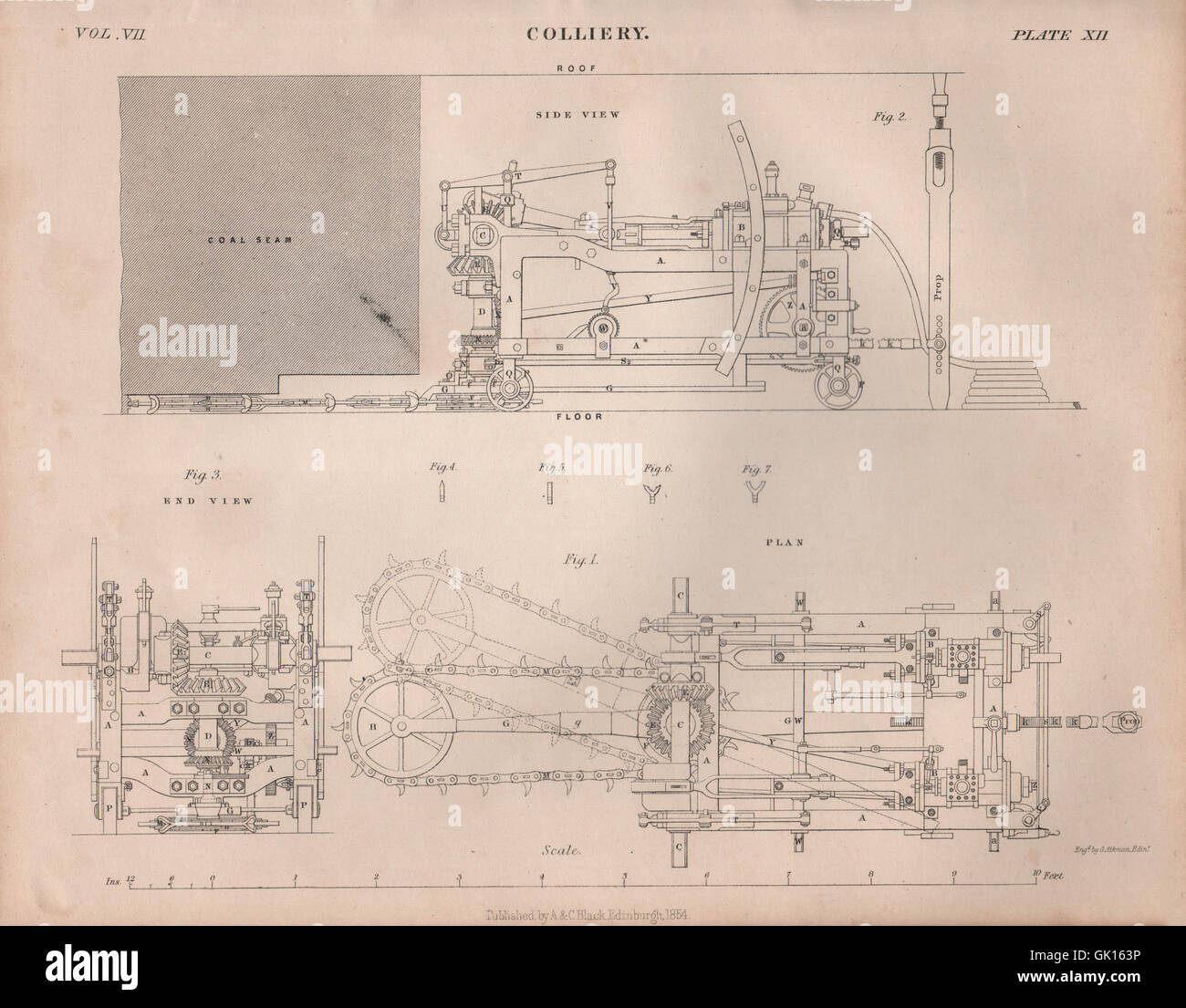 Colliery. Coal mining cutting machinery. Shearer. BRITANNICA, old print ...