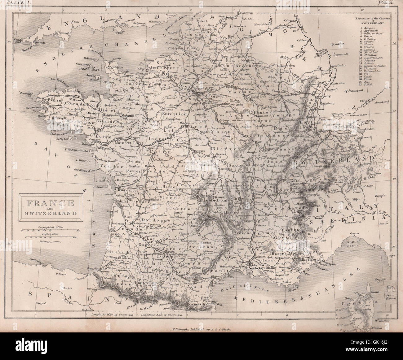 France and Switzerland. Railways. BRITANNICA, 1860 antique map Stock ...
