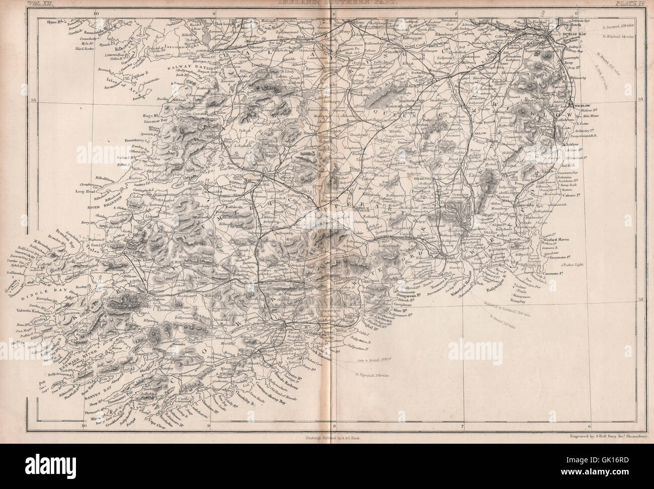 IRELAND SOUTH. Railways & coaching routes. BRITANNICA, 1860 antique map ...
