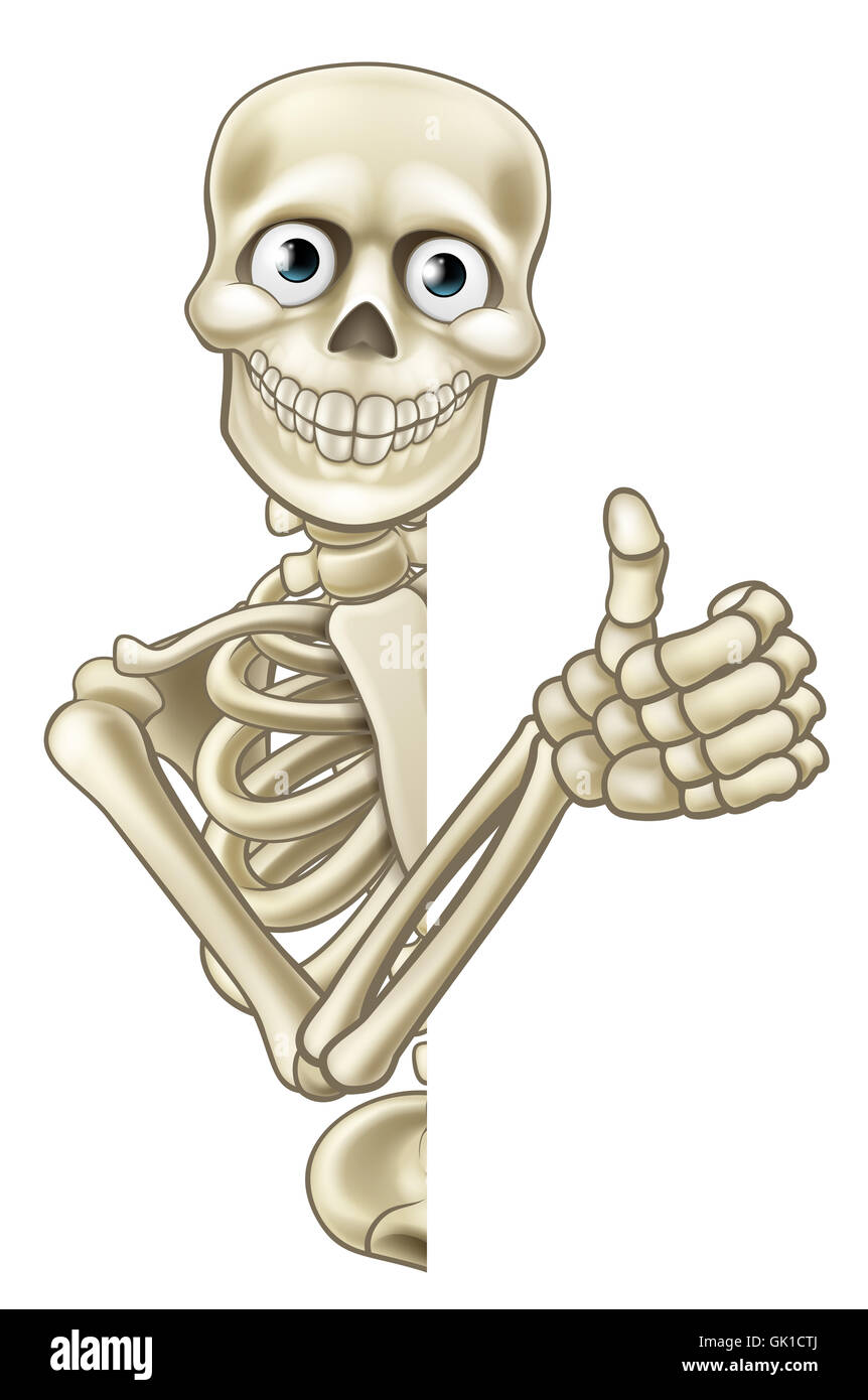 A skeleton Halloween cartoon character peeping around a sign and doing ...