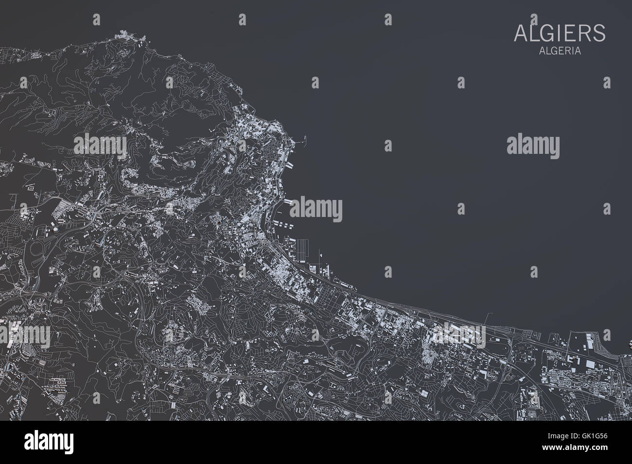 Algiers map, satellite view, city, Algeria. 3d rendering Stock Photo ...