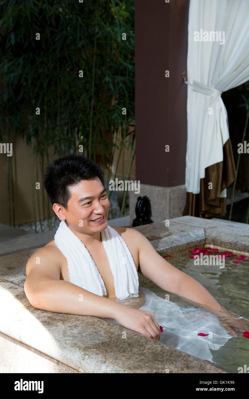 Middle-aged men hot springs Stock Photo - Alamy