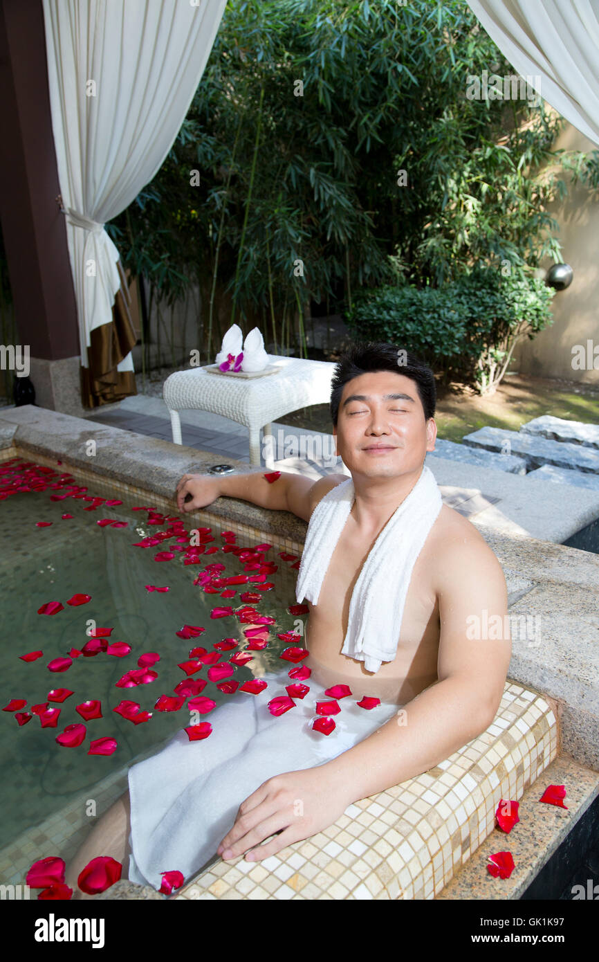 Middle-aged men hot springs Stock Photo - Alamy