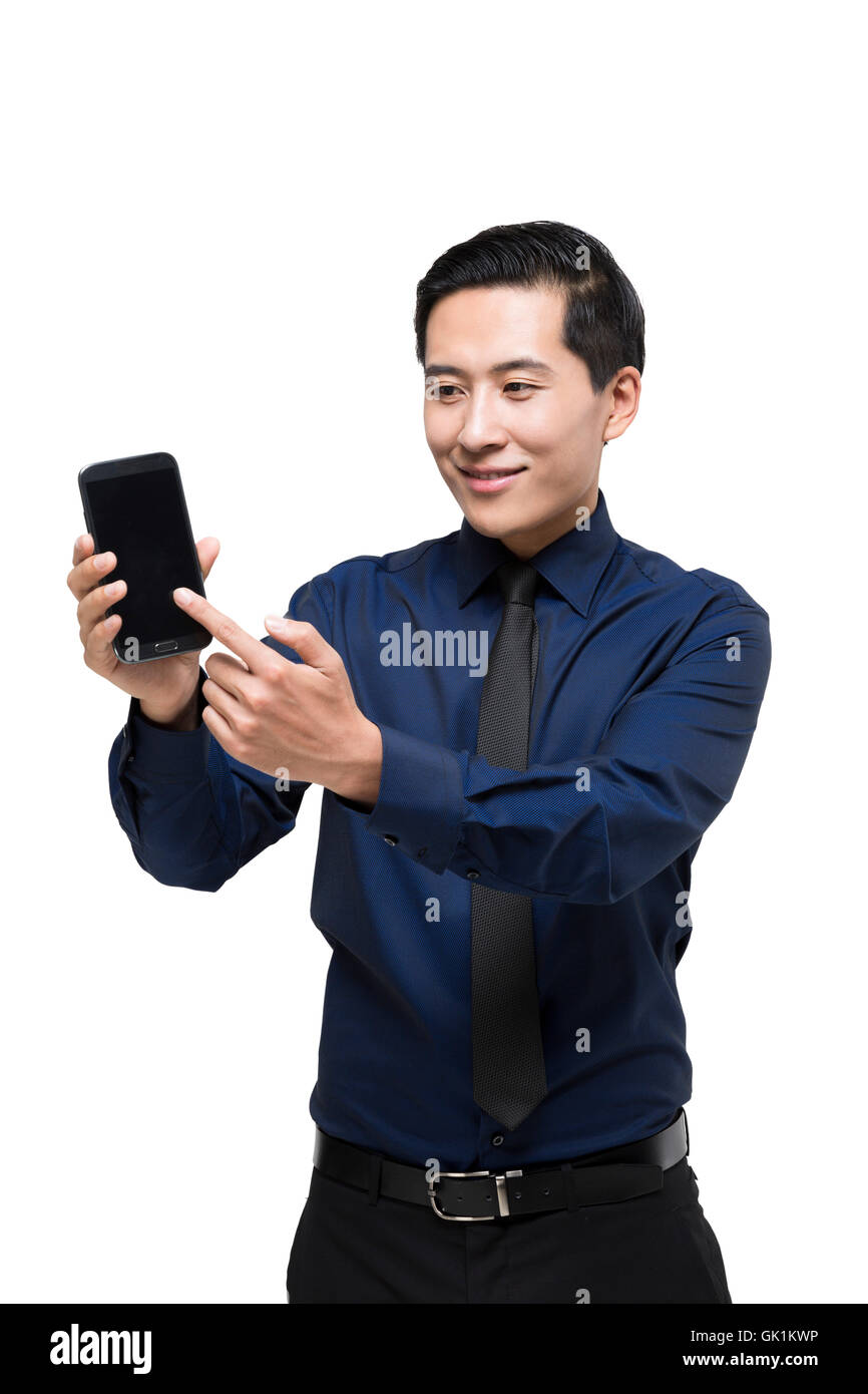 Studio shot business men show a mobile phone Stock Photo - Alamy