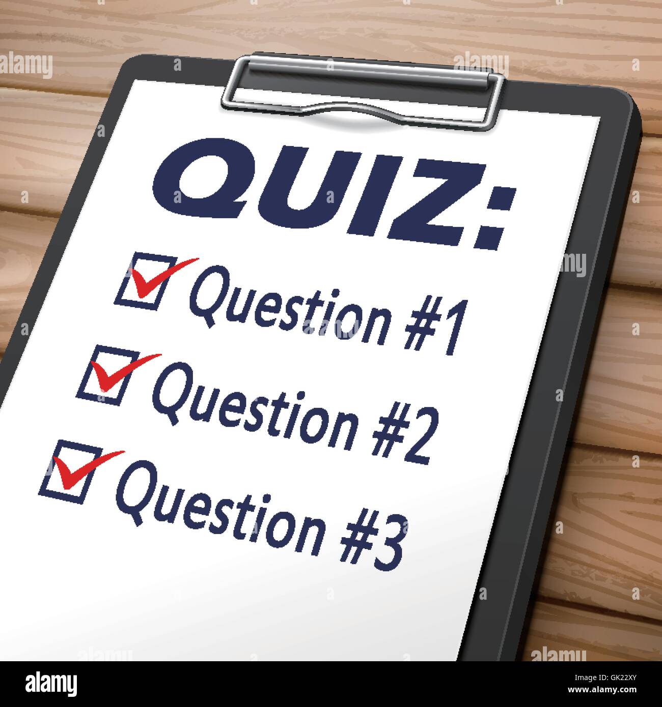 quiz clipboard 3D image with check boxes marked for question one, two ...