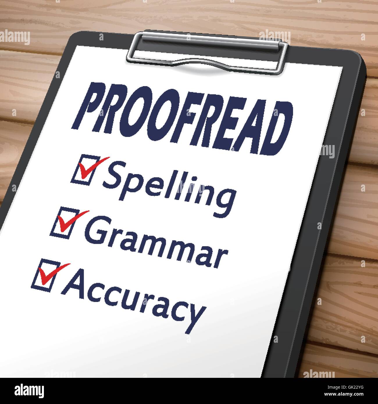 proofread clipboard 3D image with check boxes marked for spelling ...