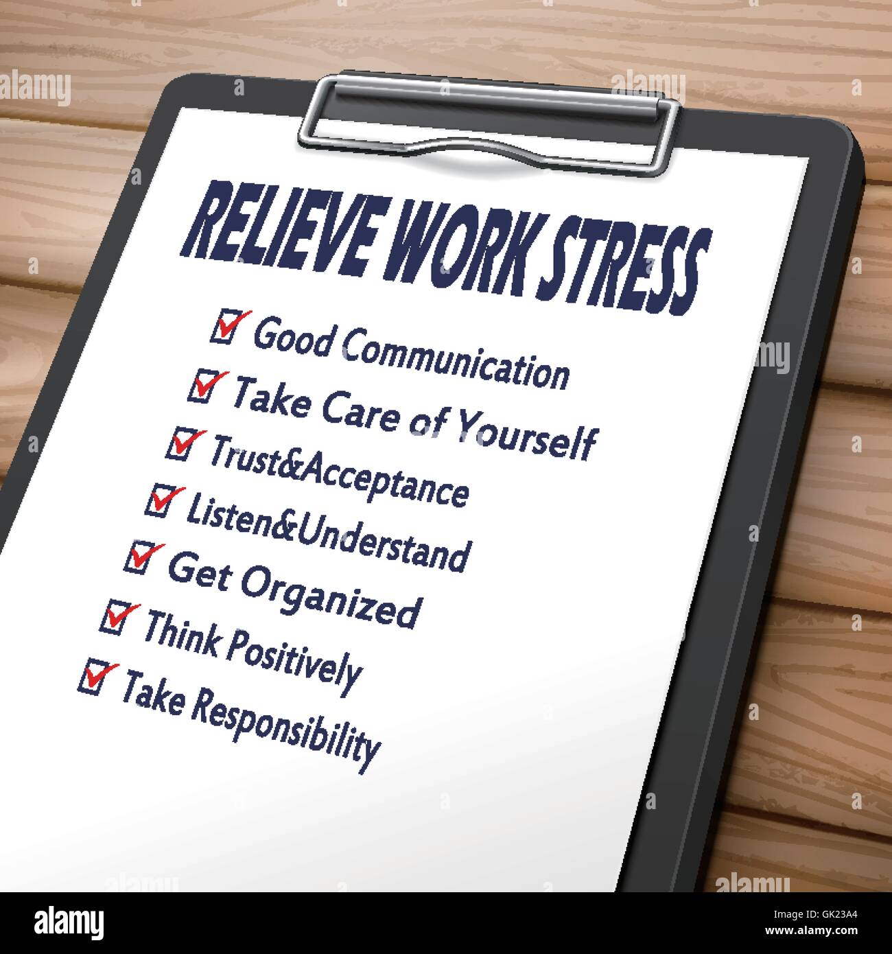 relieve work stress clipboard 3D image with check boxes marked for ...