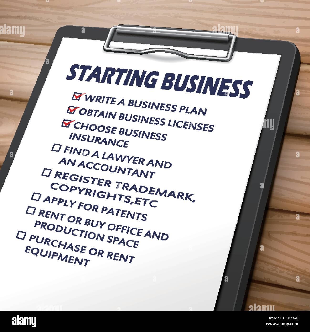 starting business clipboard 3D image with check boxes marked for ...