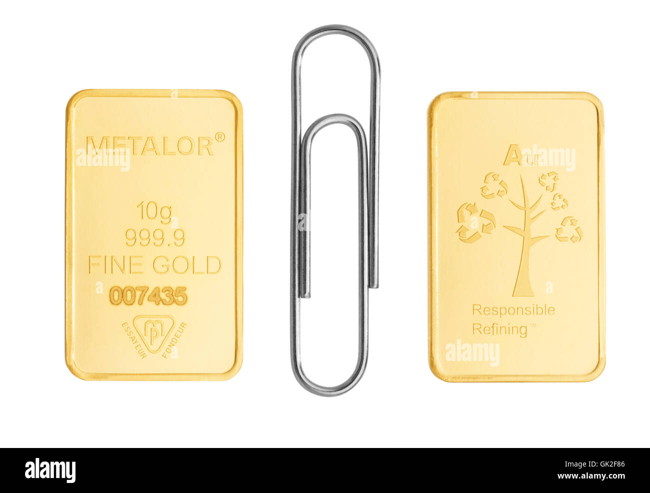 Small gold bars with standard paperclip for size reference Stock Photo ...