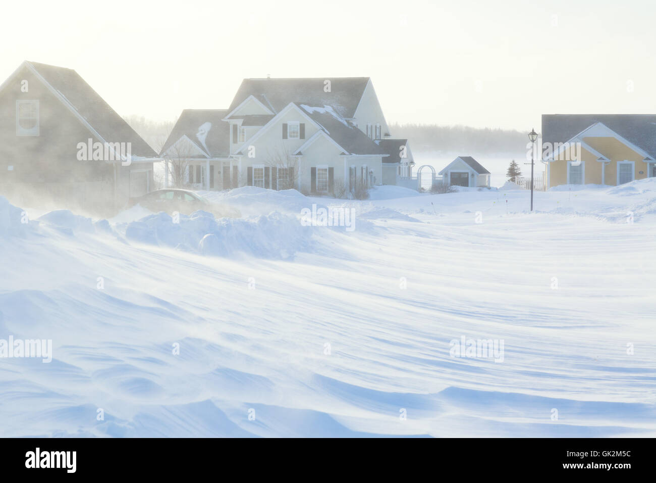 Poor visibility with strong winds blowing snow around during a snow ...