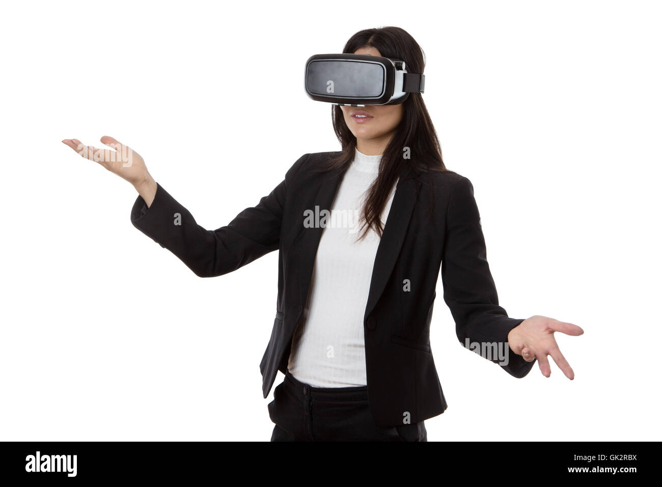 business woman wearing vr headset looking around at the world before ...