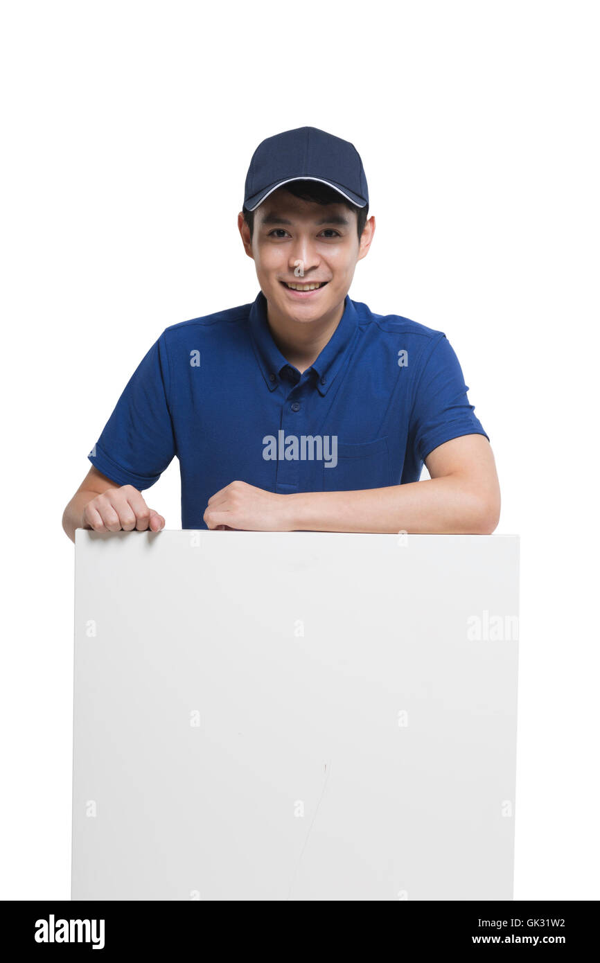 Logistics courier holding a whiteboard Stock Photo - Alamy