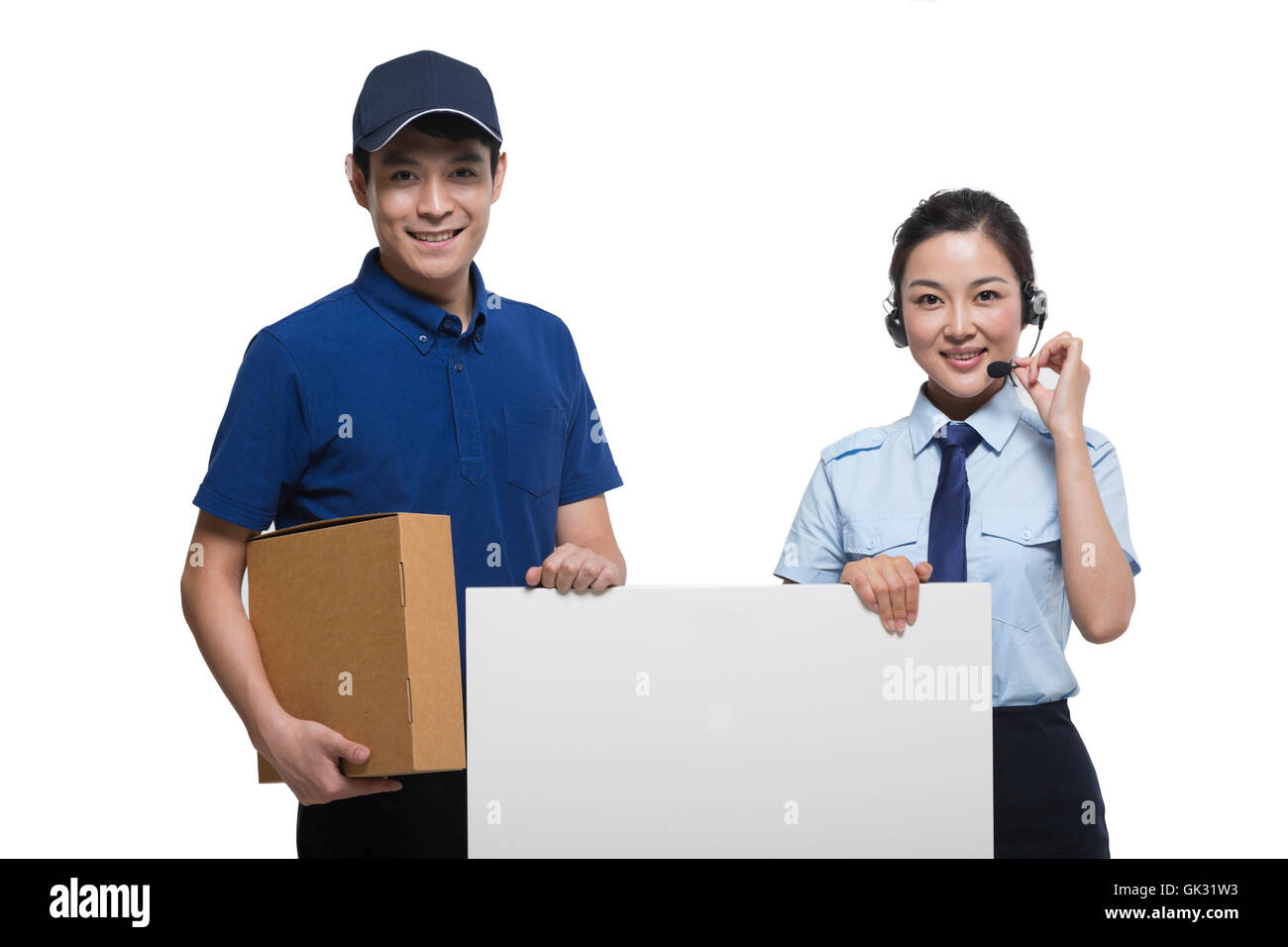 Logistics courier and customer service staff holding a whiteboard Stock ...