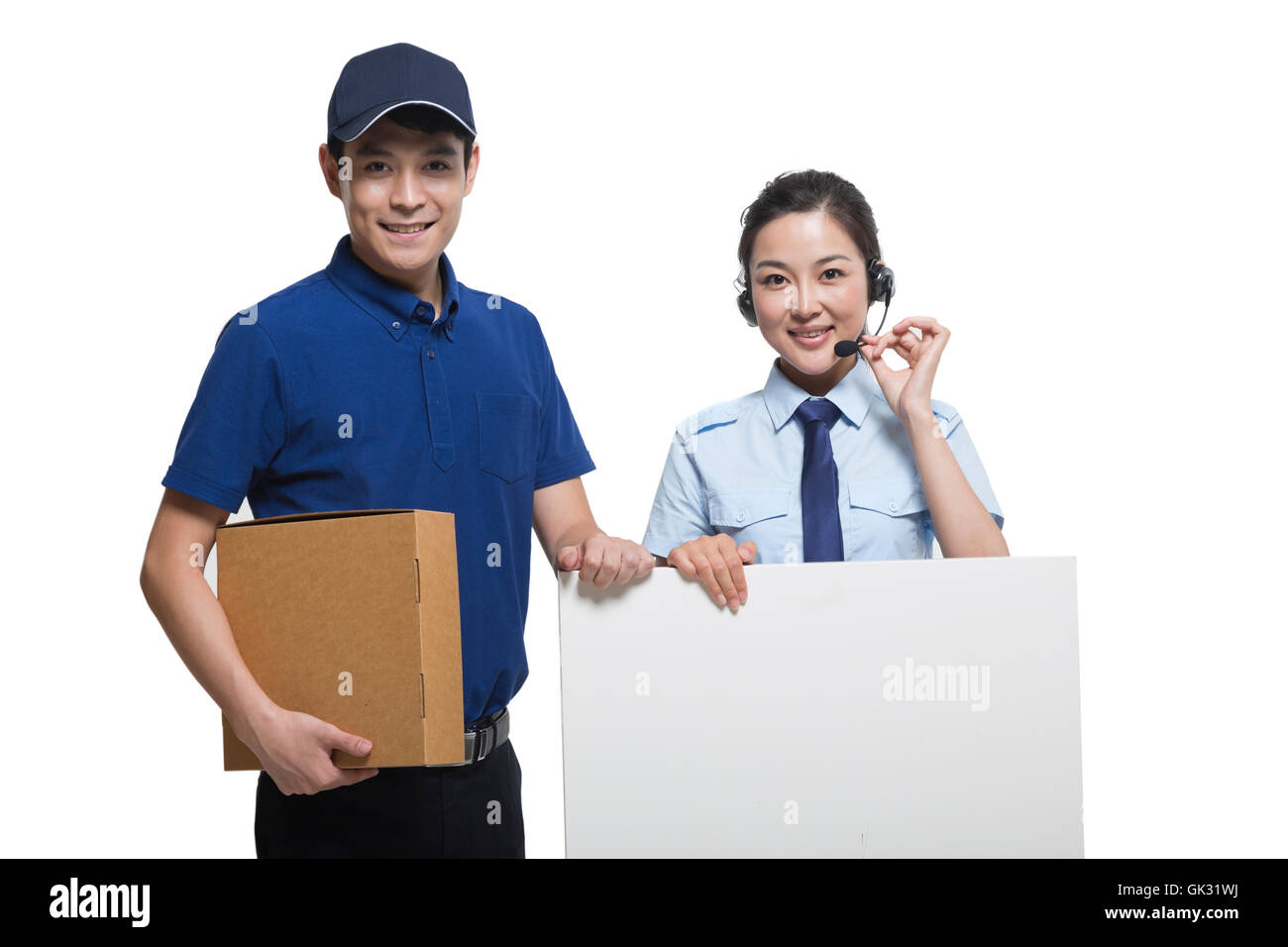 Logistics courier and customer service staff holding a whiteboard Stock ...