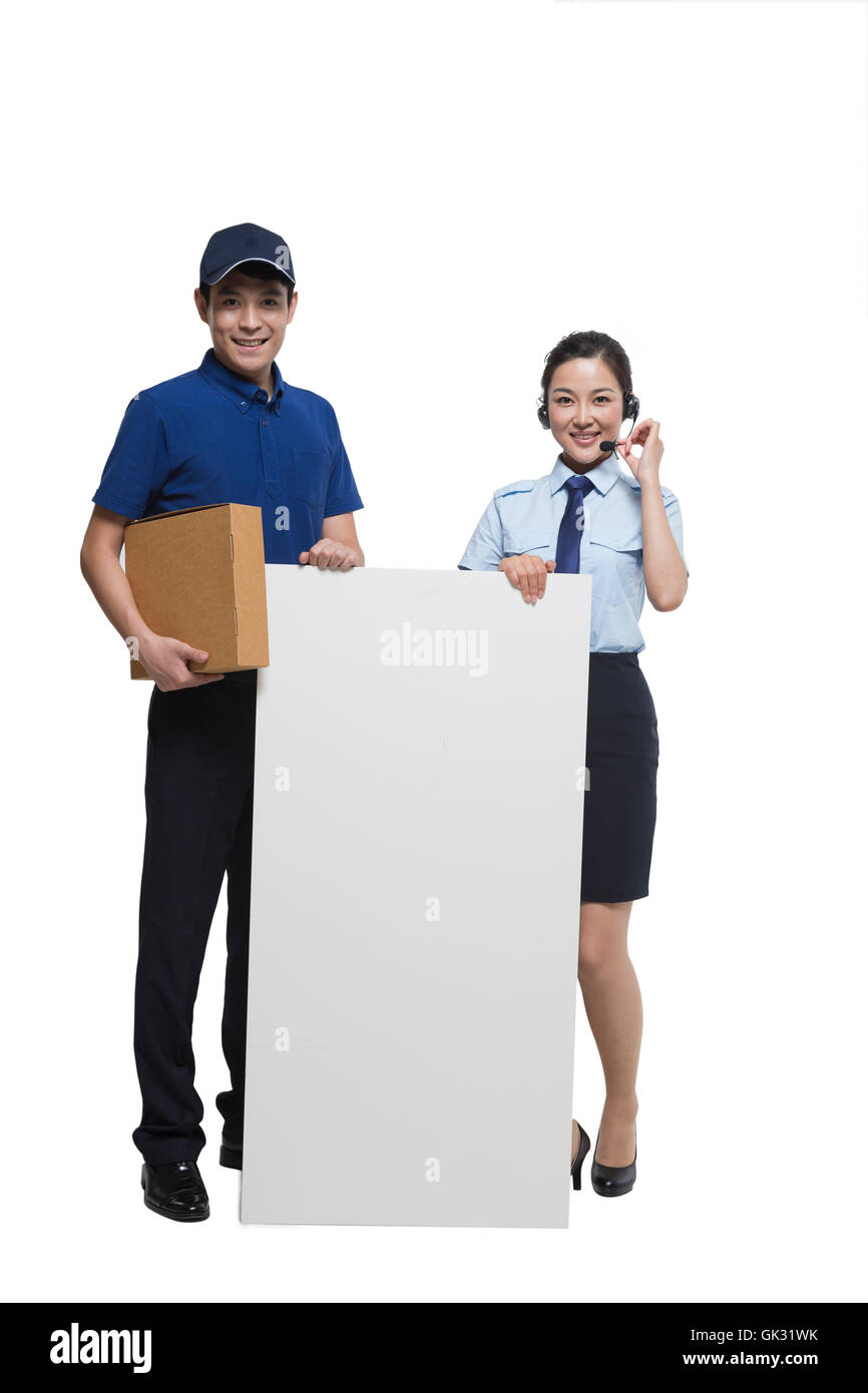 Logistics courier and customer service staff holding a whiteboard Stock ...