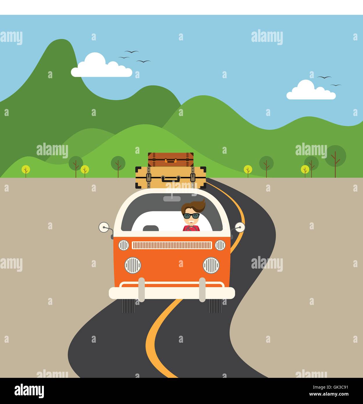 Retro van travel concept flat design with mountain view background ...