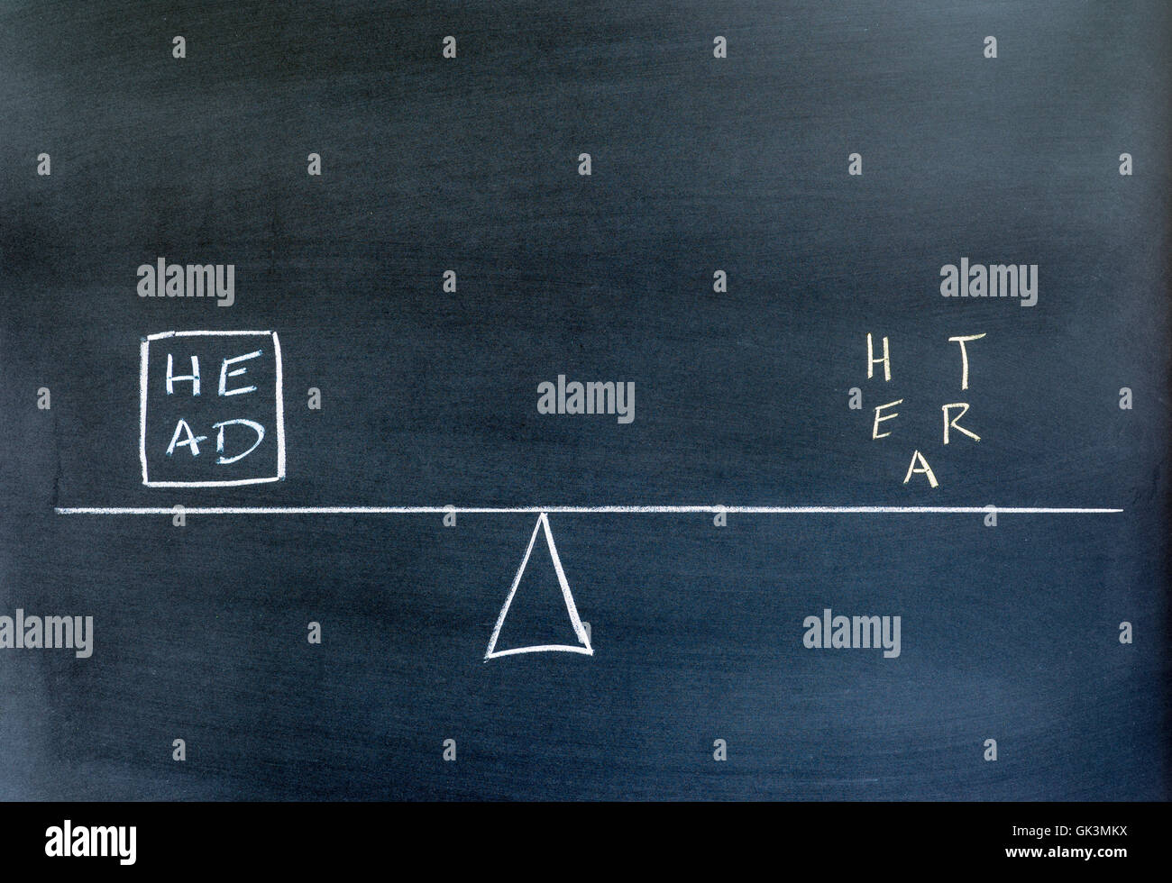 head and heart symbols drawn on a chalkboard, balance scale in ...