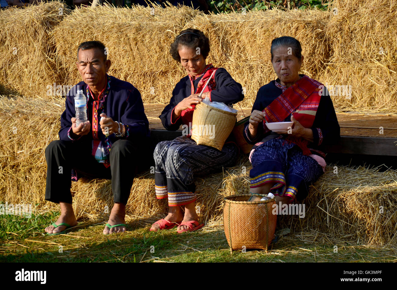 Older Phu Tai people sit and eat breakfast at stack rice straw in ...