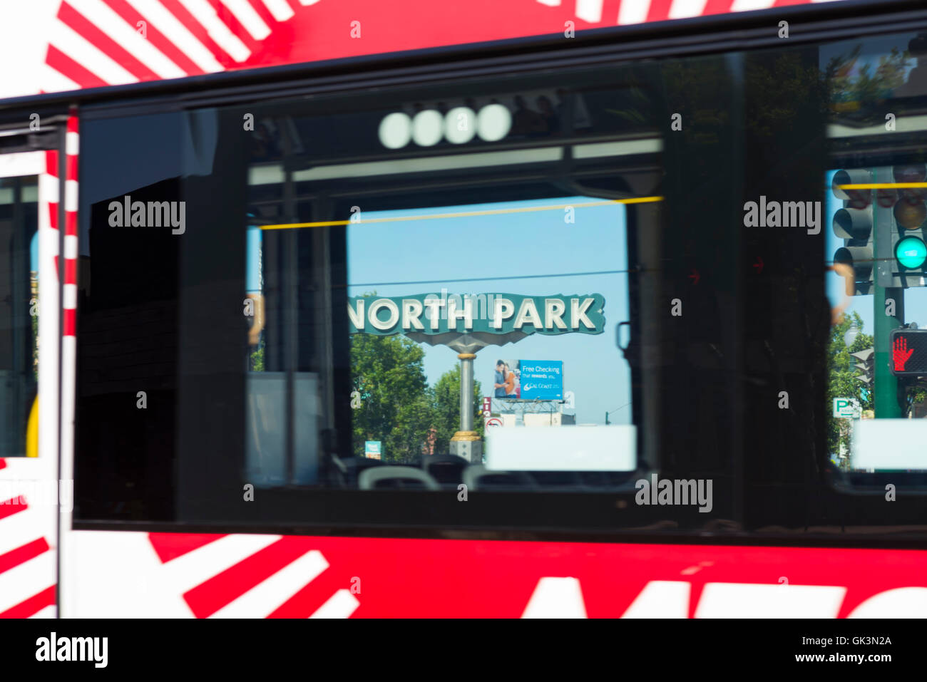 North Park sign seen through a bus window. North Park, San Diego ...