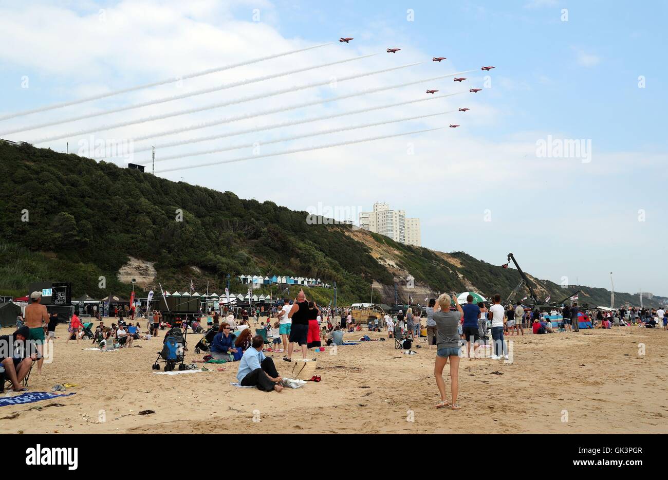 The Red Arrows display to the crowd during the Bournemouth Air Festival ...