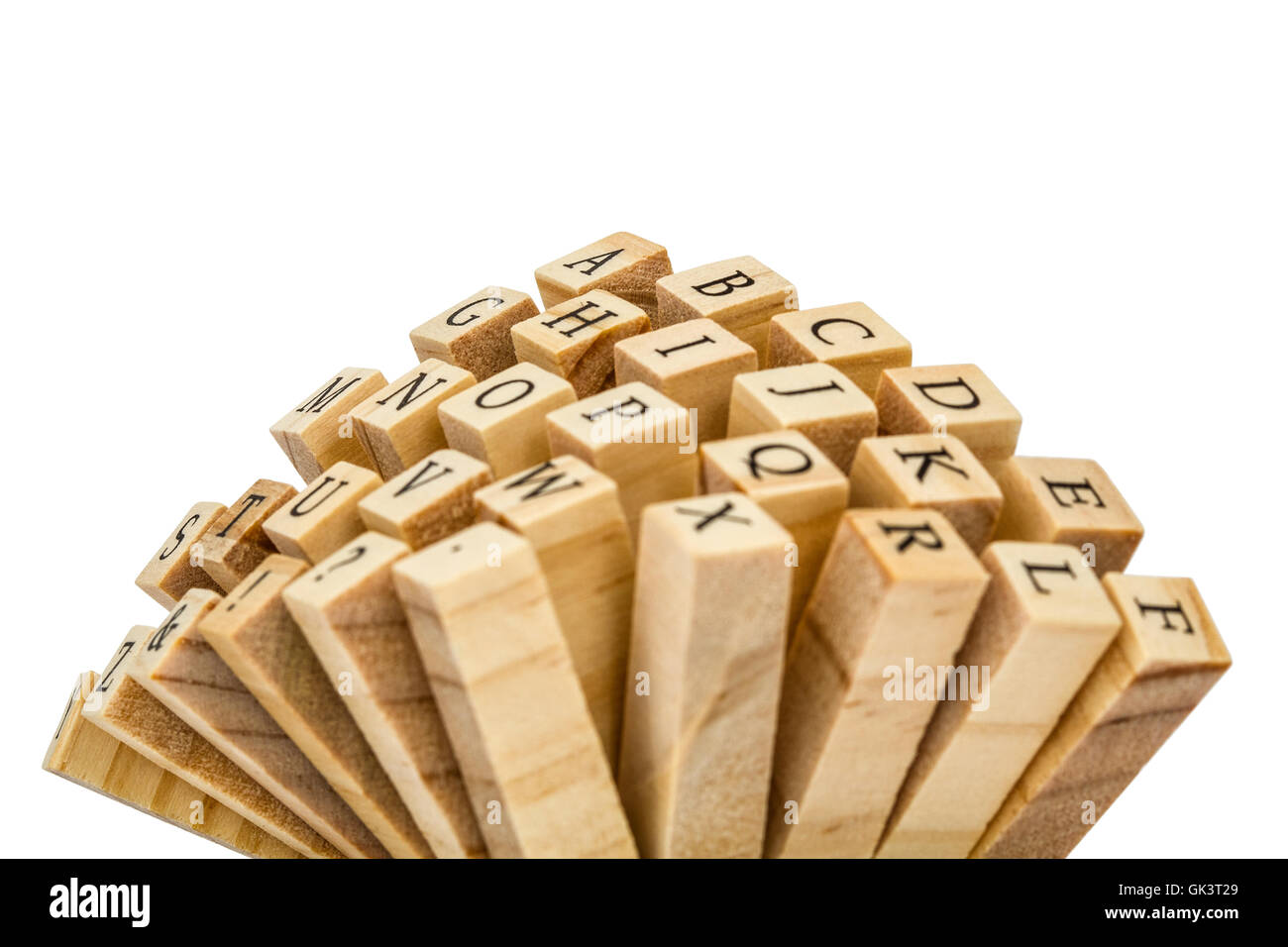 Letters of the English alphabet on the ends of wooden bars, isolated on ...