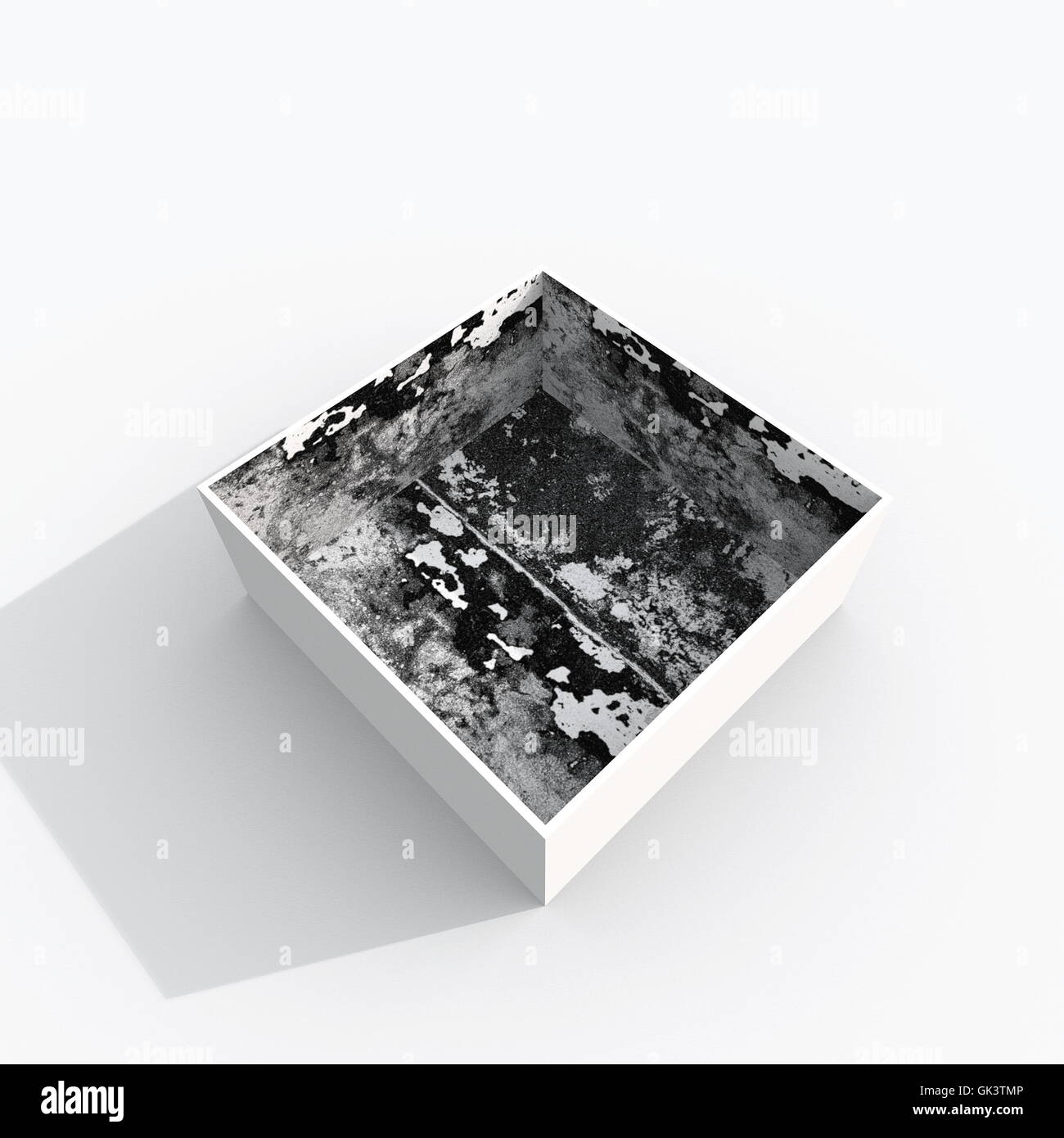 3d interior rendering of empty box with black and white material inside ...