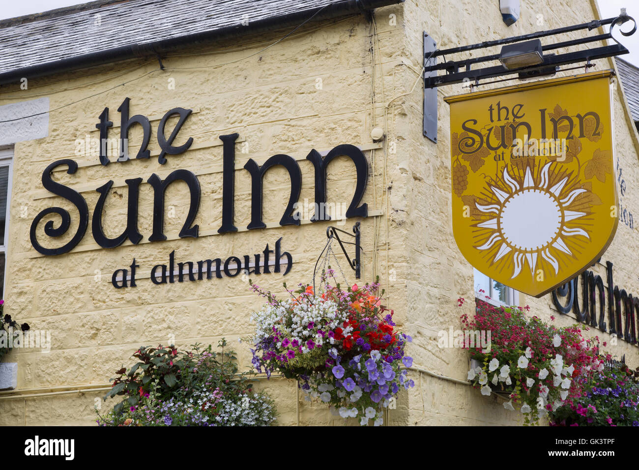 The Sun Inn Pub Sign, Almouth, Northumberland, England, UK Stock Photo ...