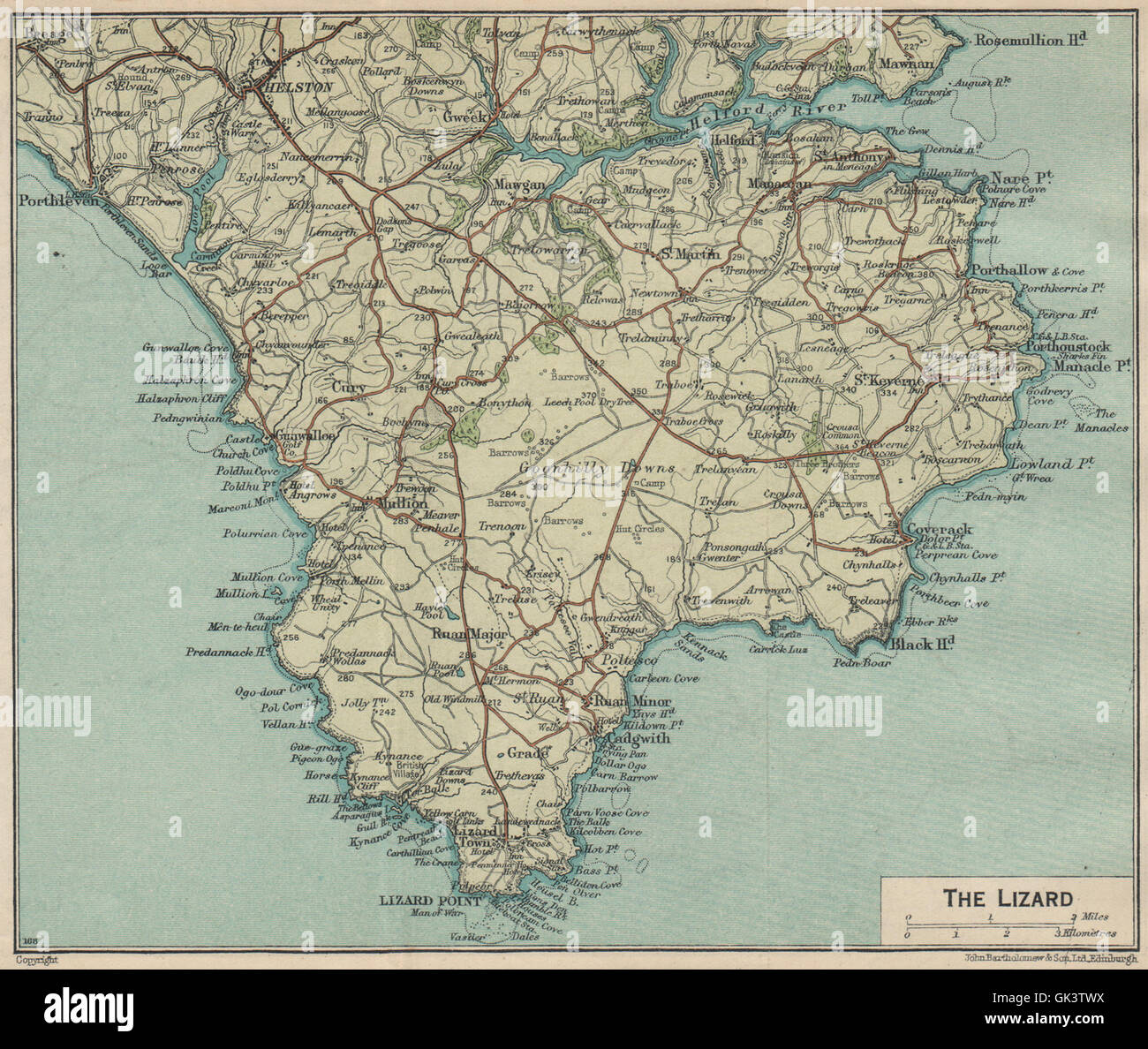 THE LIZARD. Vintage map plan. Helston Mullion Cadgwith. Cornwall, 1939 ...