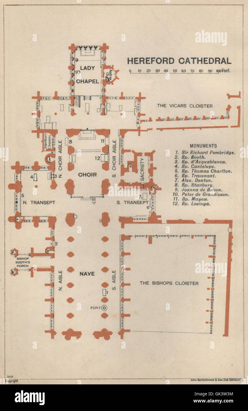 HEREFORD cathedral vintage floor plan. Herefordshire, 1939 vintage map ...