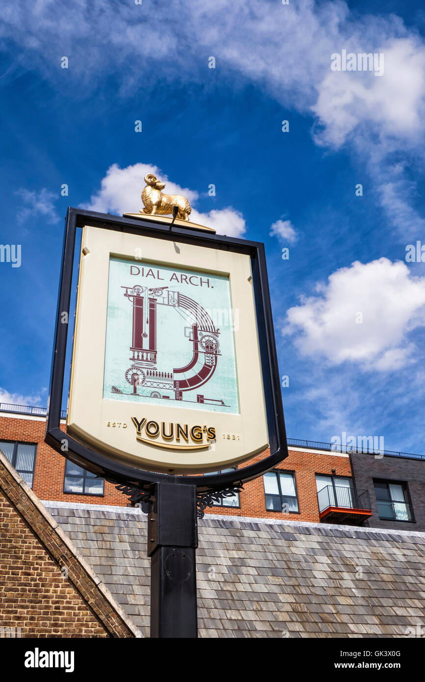 Woolwich, London. The Dial Arch historic old pub sign and birthplace of ...