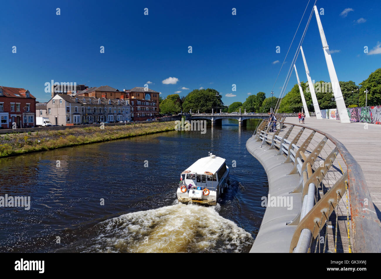 Aqua Bus on River Taff and Canton Bridge, Cardiff, Wales, UK Stock ...