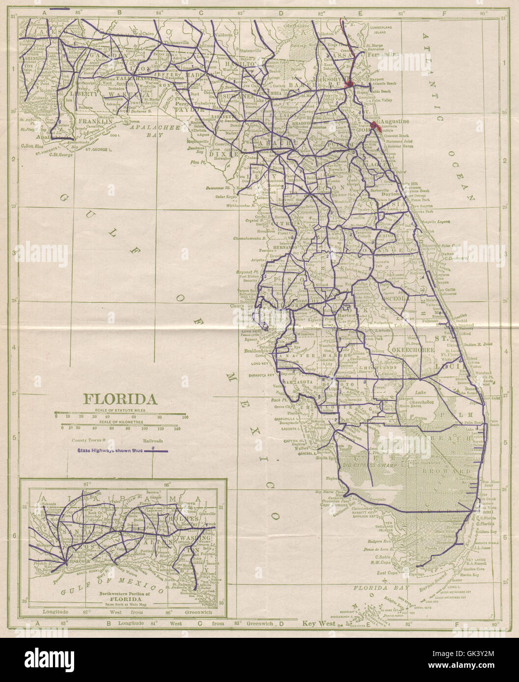 Florida State Highways. POATES, 1925 vintage map Stock Photo - Alamy