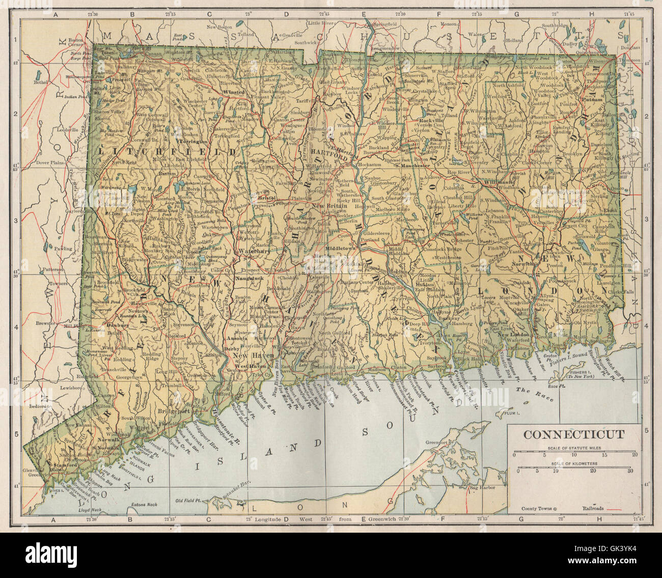 Connecticut state map showing railroads. POATES, 1925 Stock Photo - Alamy