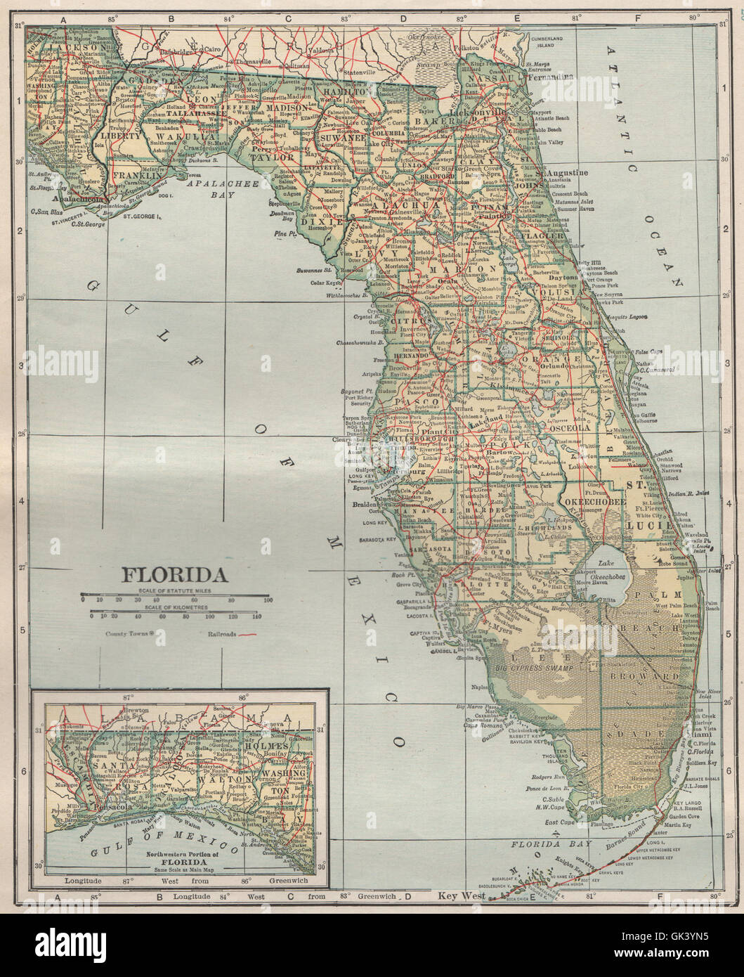 Florida state map showing railroads. POATES, 1925 Stock Photo - Alamy