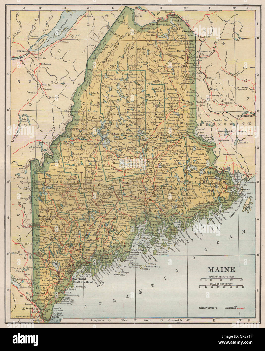 Maine state map showing railroads. POATES, 1925 Stock Photo - Alamy