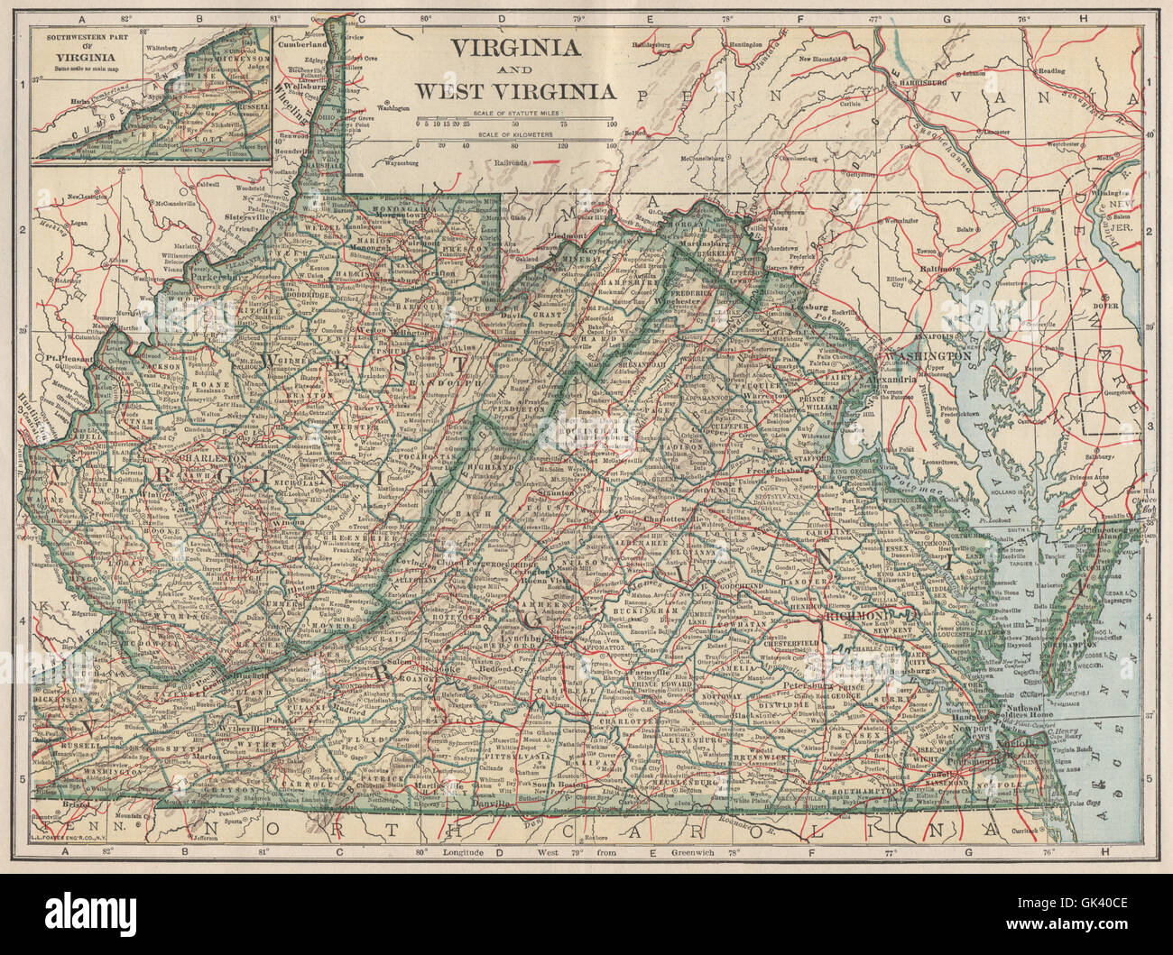 Virginia and West Virginia state map showing railroads. POATES, 1925 ...