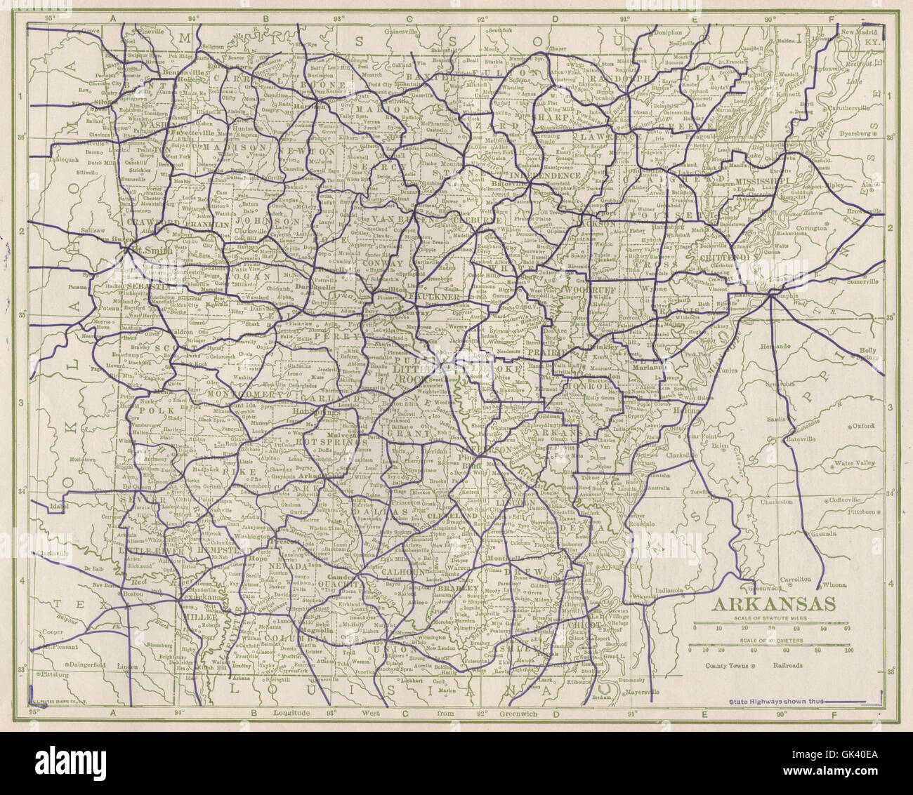 Arkansas State Highways. POATES, 1925 vintage map Stock Photo - Alamy