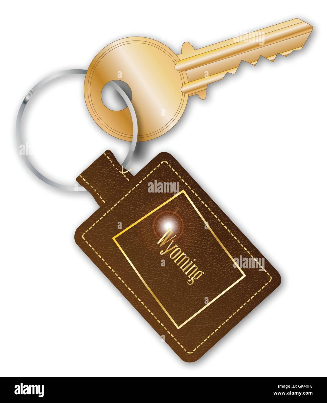 A brown leather key fob and ring with a brass latch key with the text ...