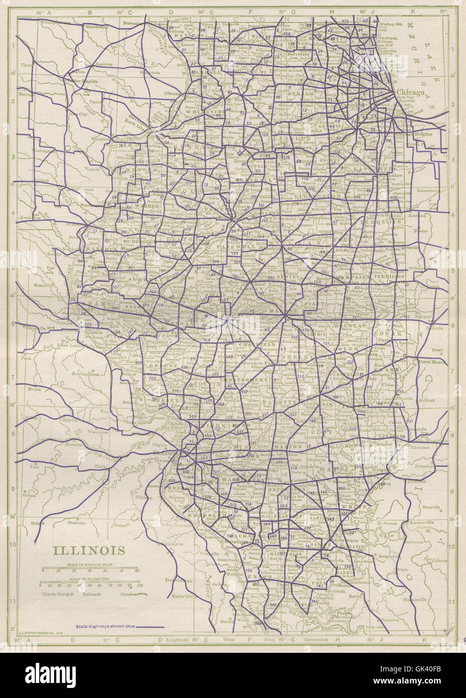 Illinois State Highways. POATES, 1925 vintage map Stock Photo - Alamy