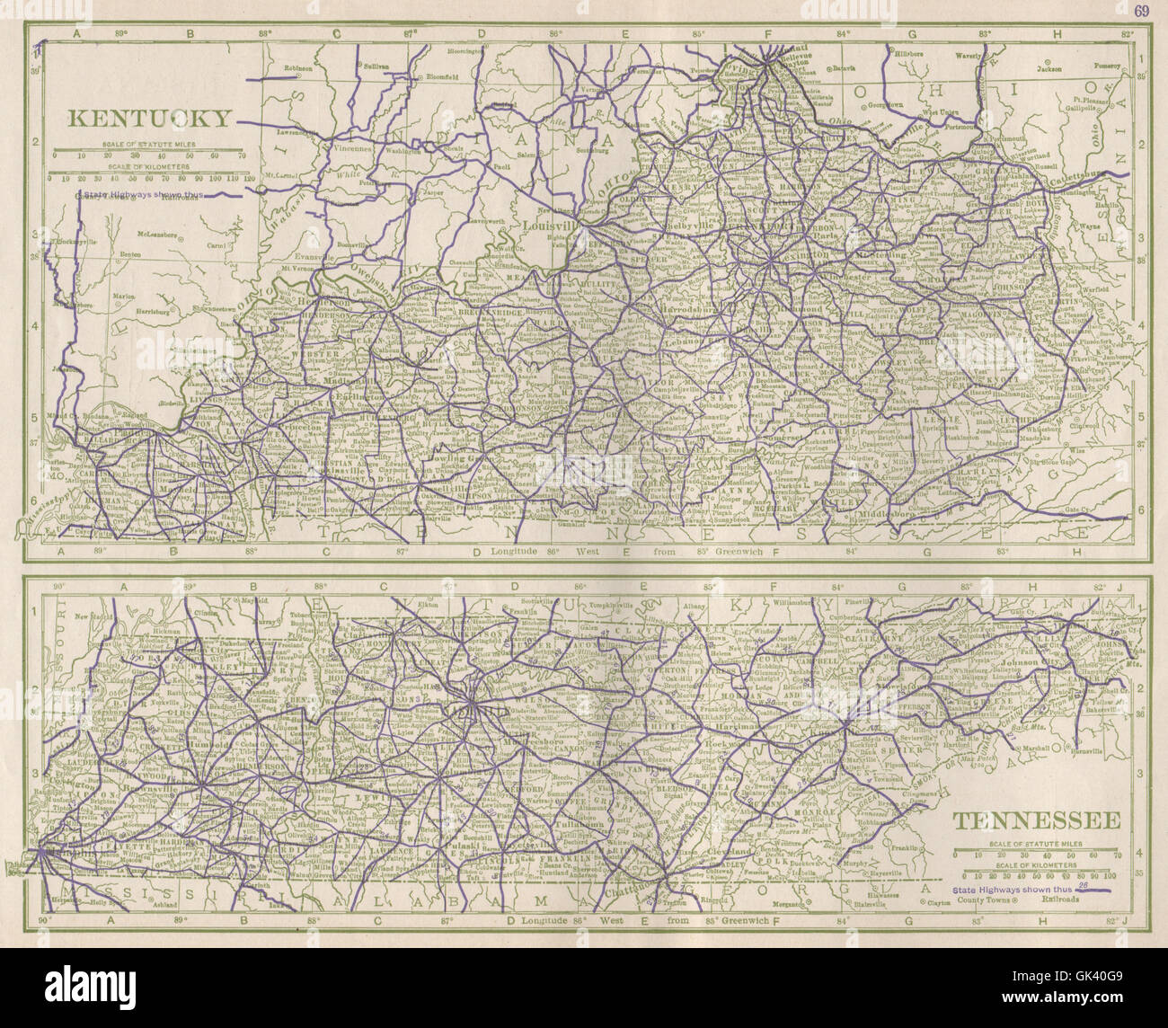 Kentucky & Tennessee State Highways. POATES, 1925 vintage map Stock ...