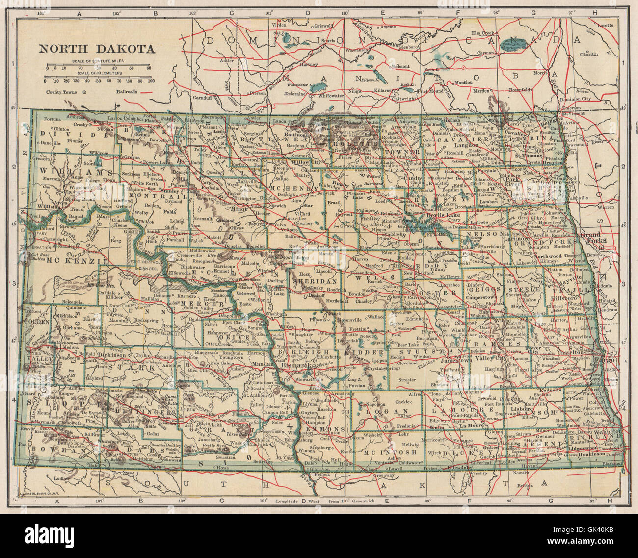 North Dakota state map showing railroads. POATES, 1925 Stock Photo - Alamy