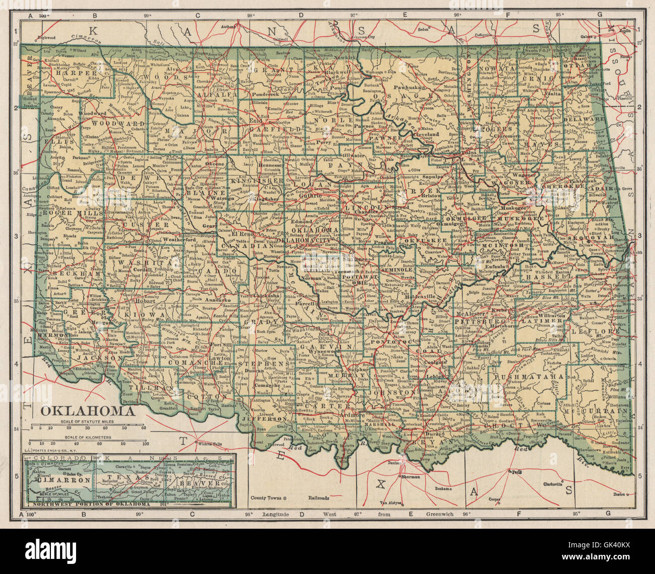 Oklahoma state map showing railroads. POATES, 1925 Stock Photo - Alamy