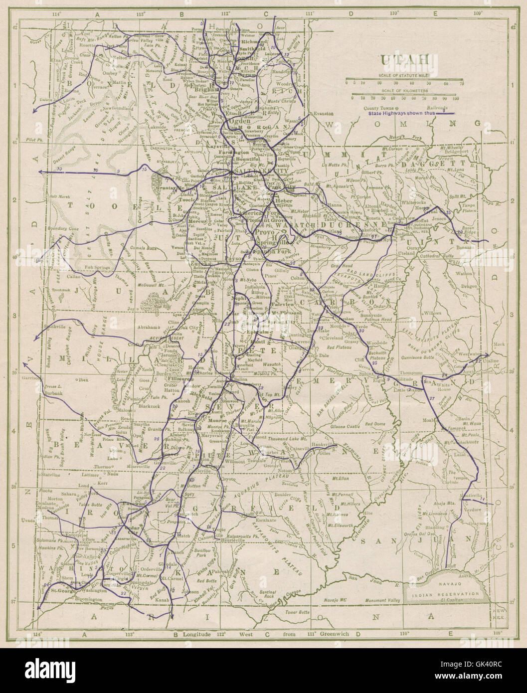 Utah State Highways. POATES, 1925 vintage map Stock Photo - Alamy