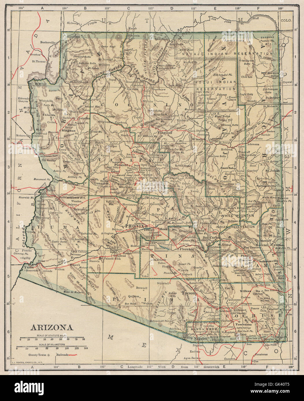 Arizona state map showing railroads. POATES, 1925 Stock Photo - Alamy