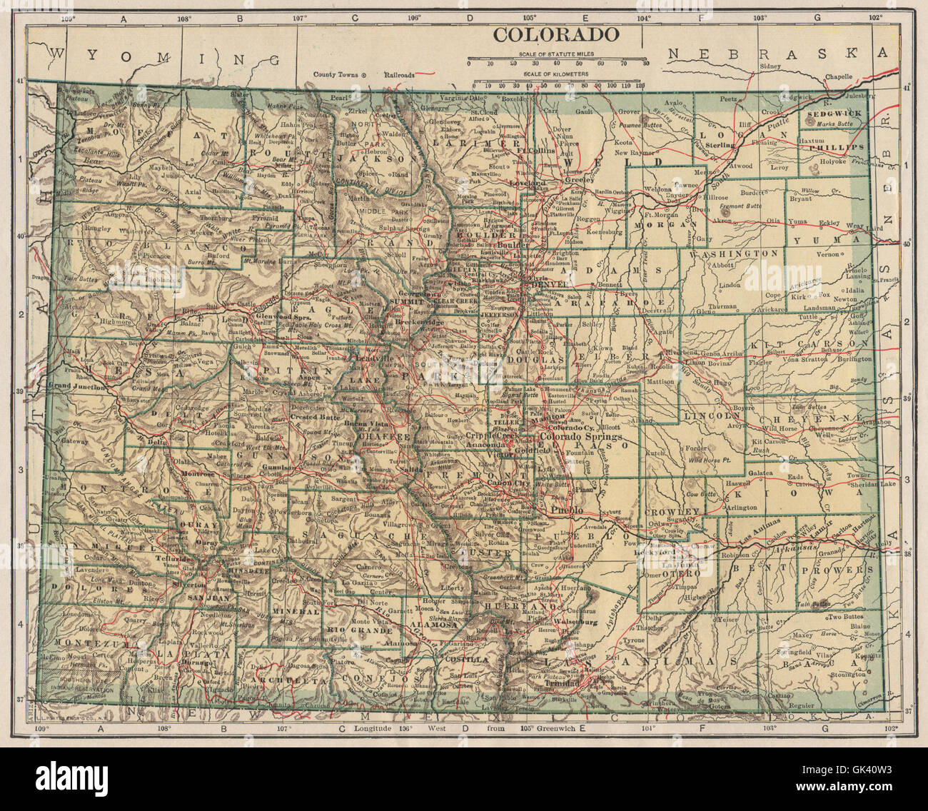 Colorado state map showing railroads. POATES, 1925 Stock Photo - Alamy