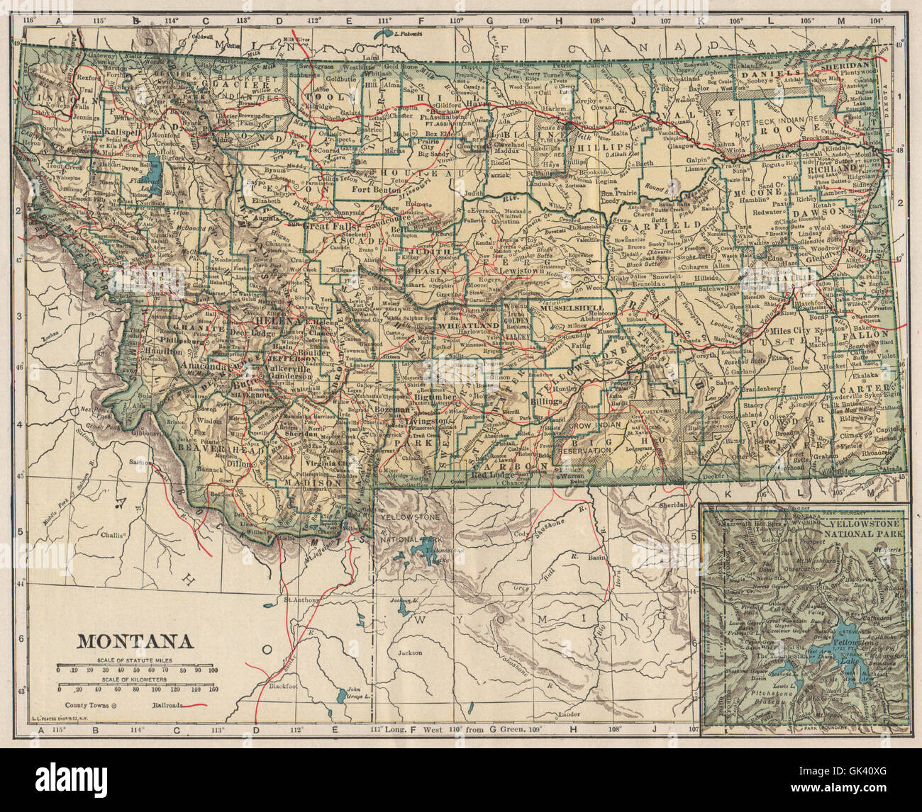Montana (inset Yellowstone National Park) state map with railroads ...