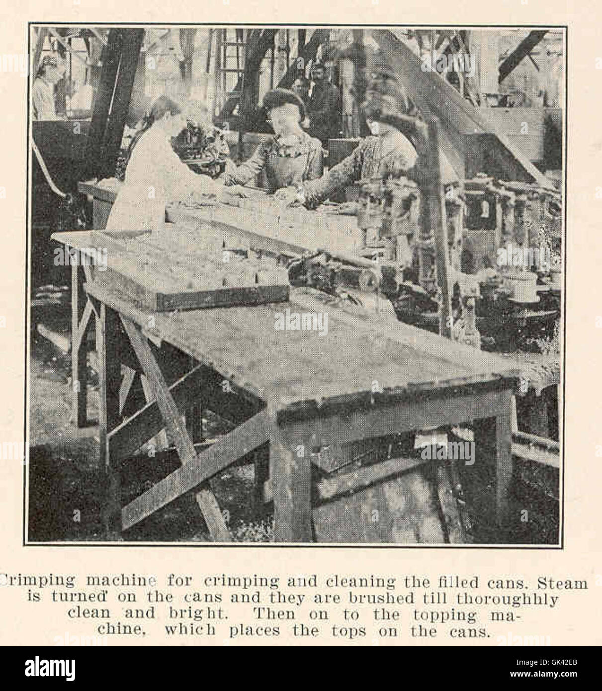 A crimping machine used for cleaning and sealing filled cans in food ...