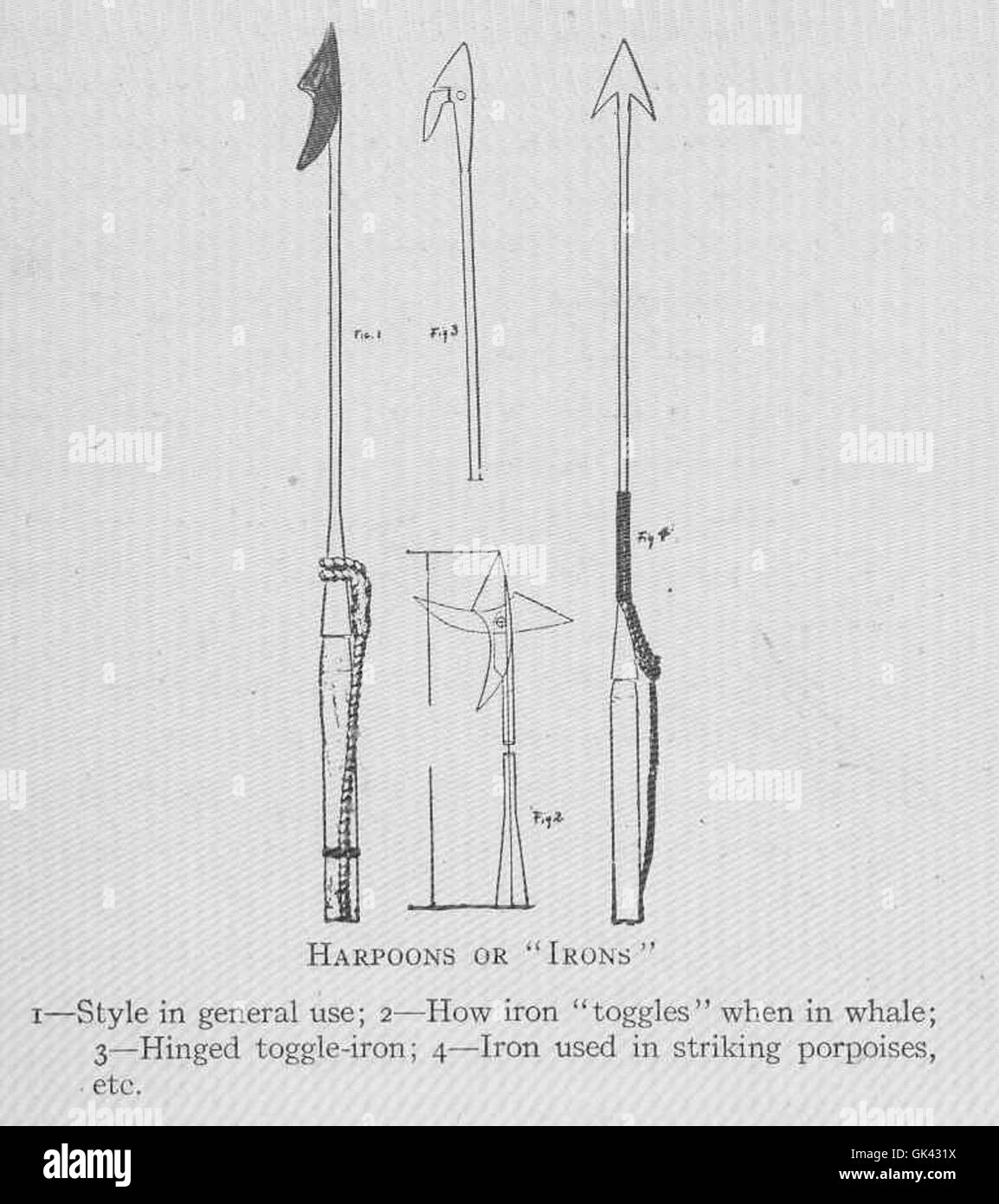 Various types of harpoons, or 'irons,' used in whaling. These include ...